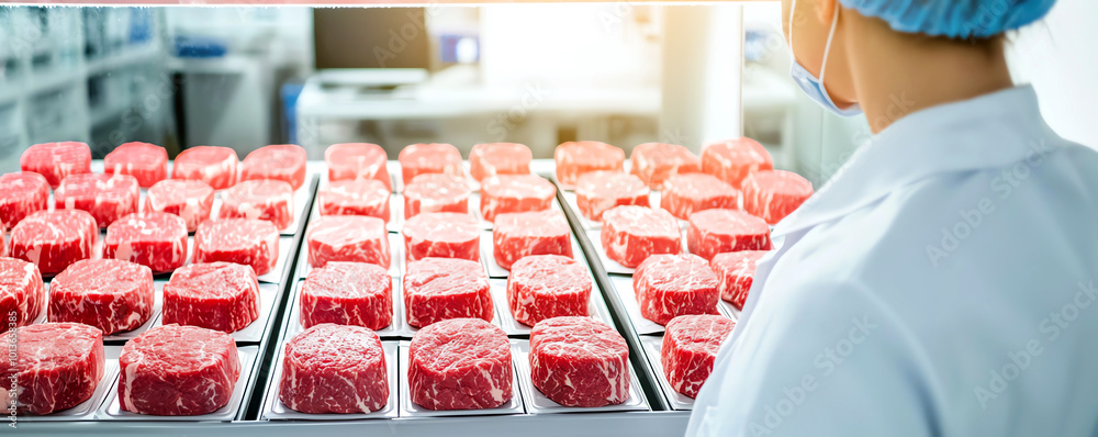 Worker inspecting fresh beef cuts in a processing facility, showcasing ...