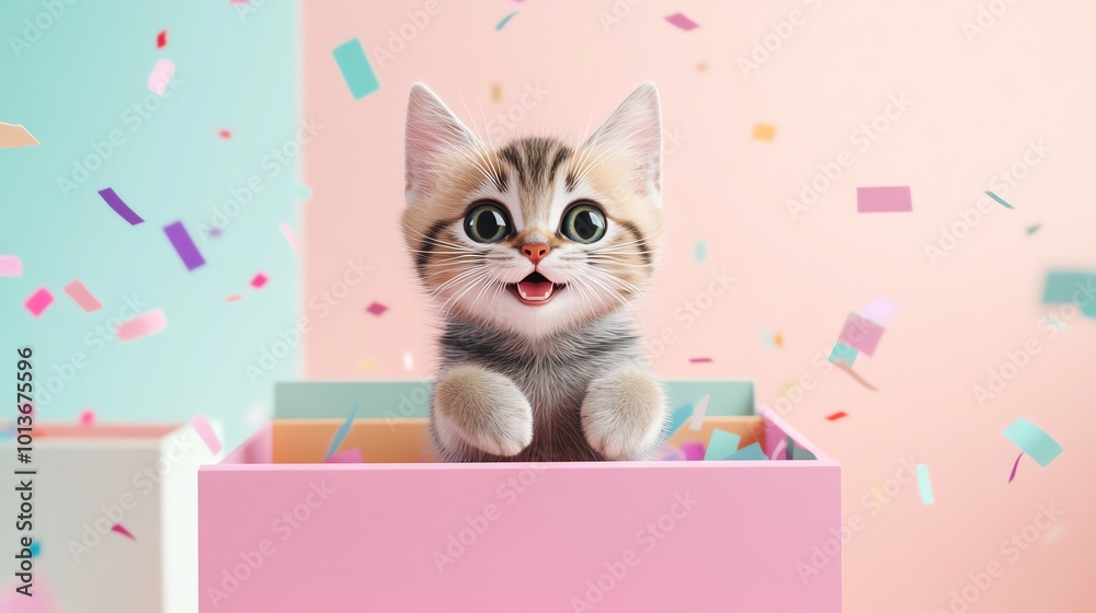 13 3D render of a playful little cat popping out of a pastel box with ...