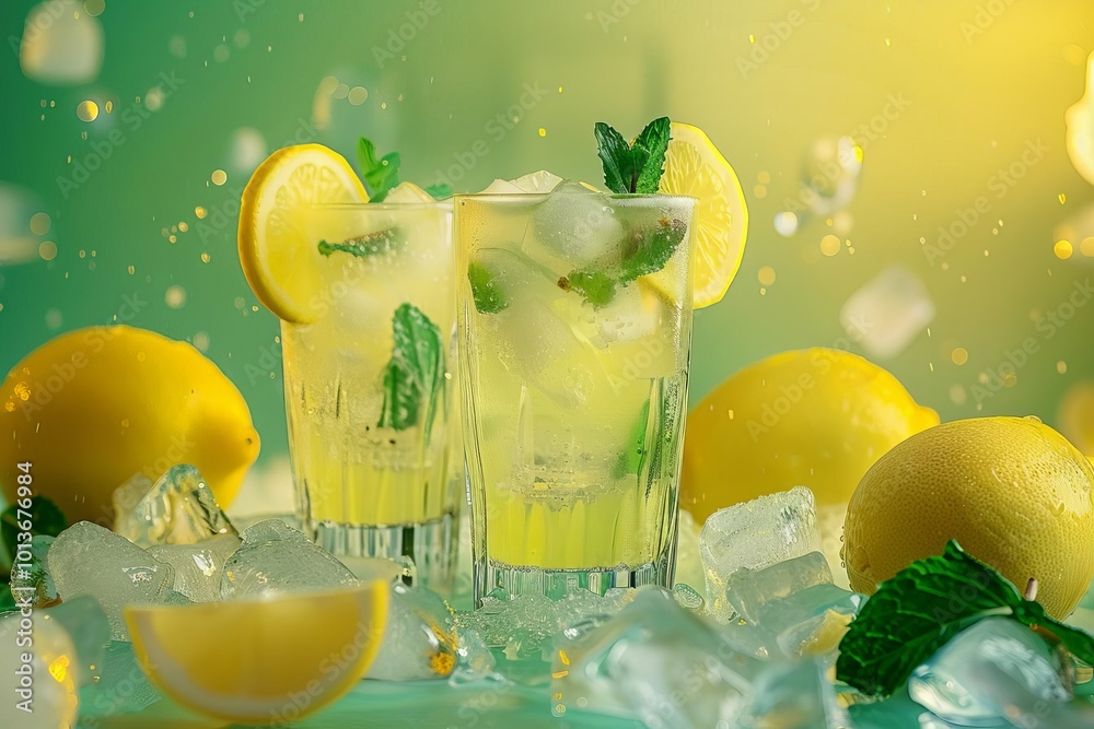 Lemon and mint mocktail with ice cubes, soft lighting, commercial ...