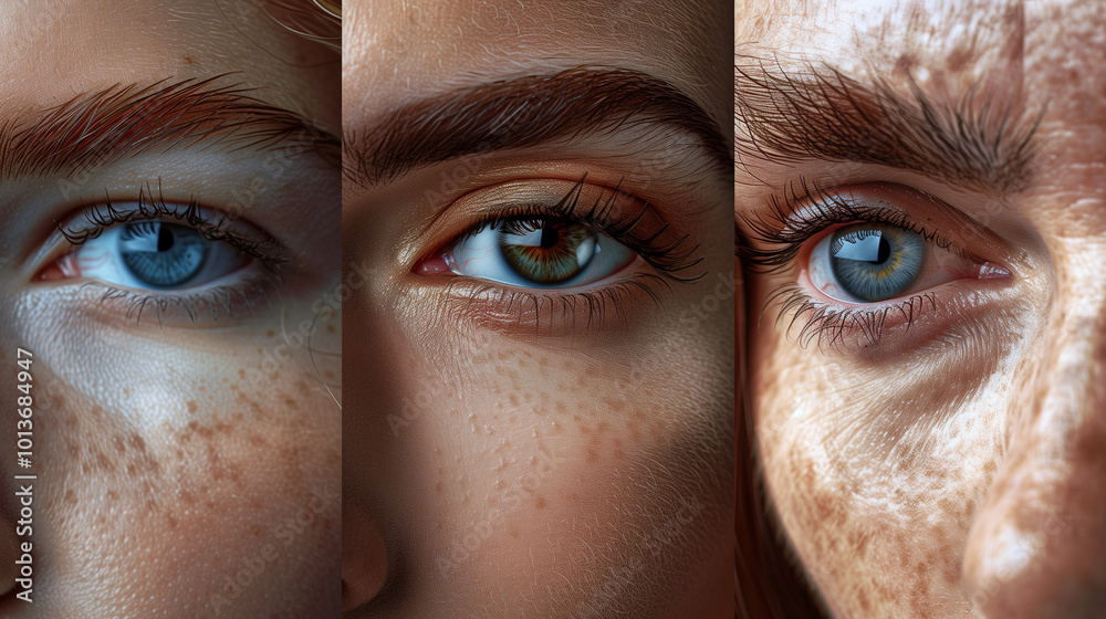 Close-up views of eyes showing the aging process from youth to old age ...