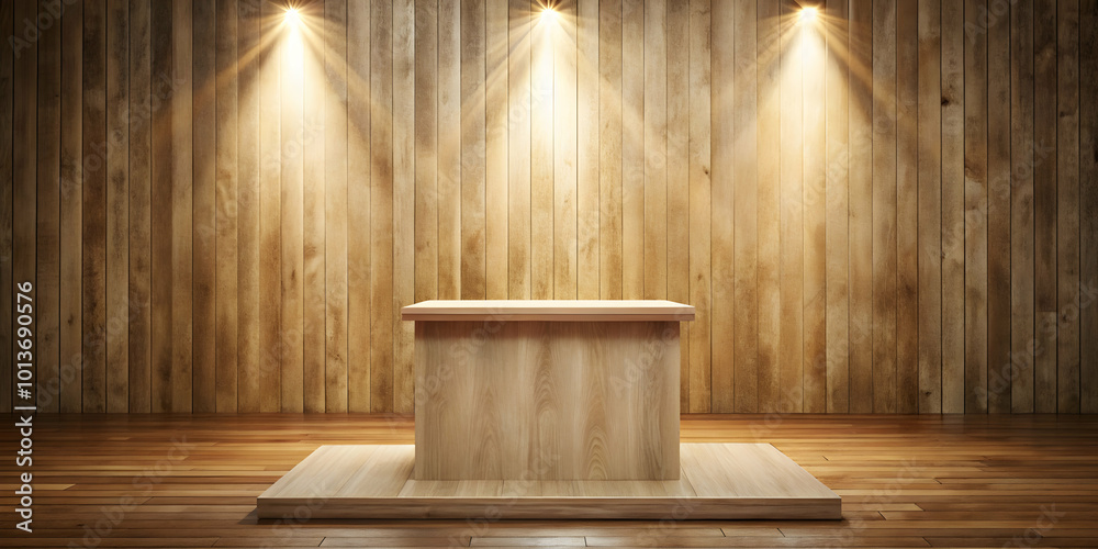 Wooden Platform Stage with Spotlights: A rustic wooden platform stage ...