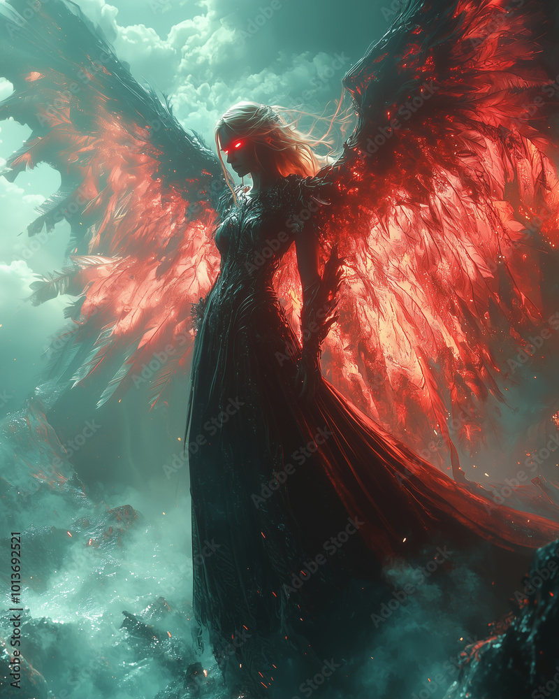 fallen angel female with fiery red wings emerging from the ocean, her ...