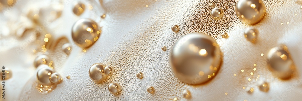 Golden bubbles float beautifully on a white-gold background, emitting a ...