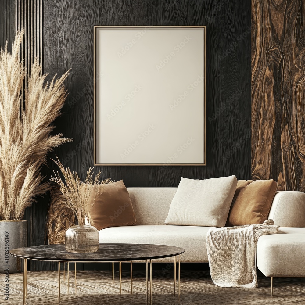 A modern living room with a neutral couch and an empty frame on a chic ...