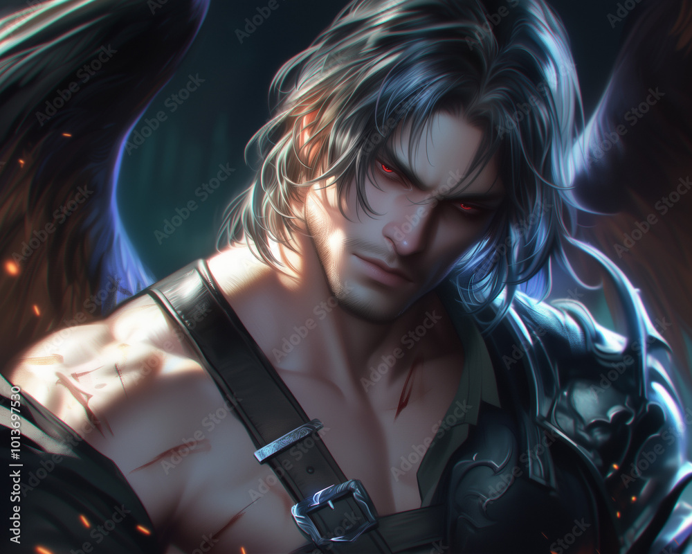intense male fallen angel with fiery eyes and dark armor in a mystical ...