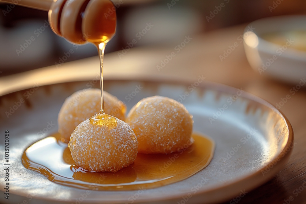 Honey being poured over golden laddu sweets, representing a perfect ...