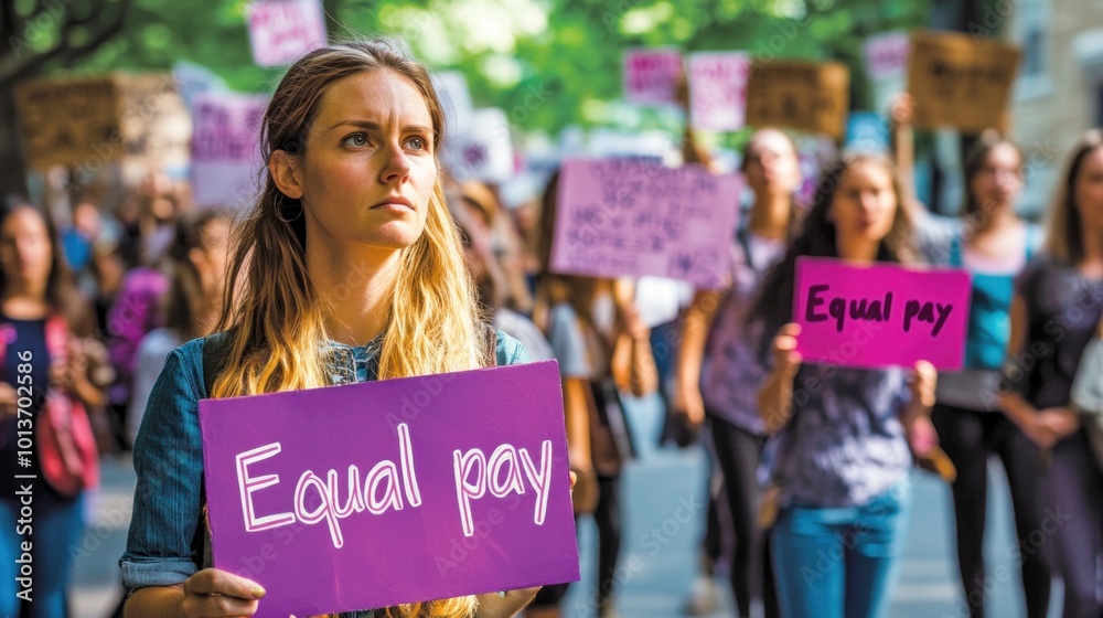 Equal pay, protest with women holding signs demanding wage equality ...