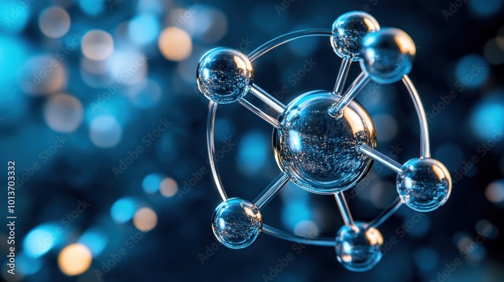 This visual presents a molecular structure with atoms connected by ...