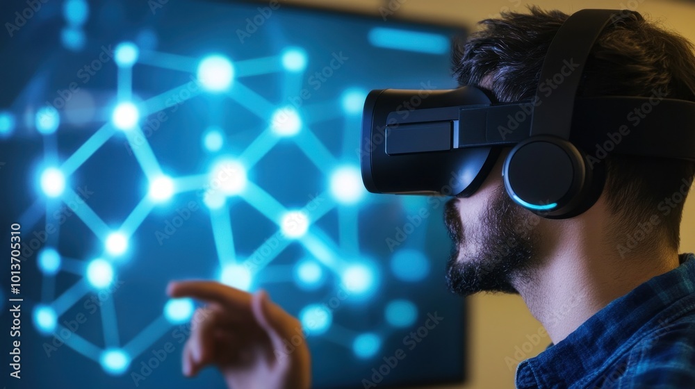 Engaging with an immersive virtual reality experience, a man wears a VR ...