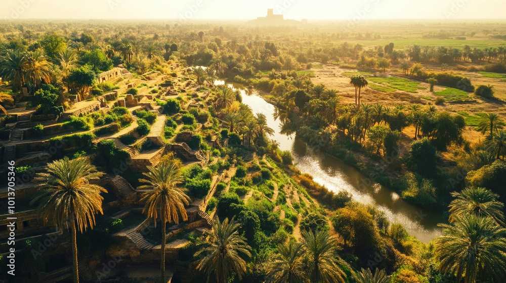 Aerial view of the Hanging Gardens in ancient Babylon, surrounded by ...
