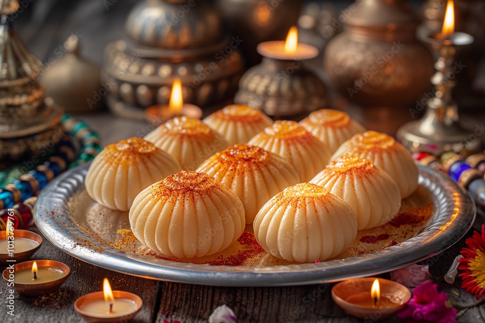 Pedha displayed on a silver tray with vibrant rangoli and lit diyas ...