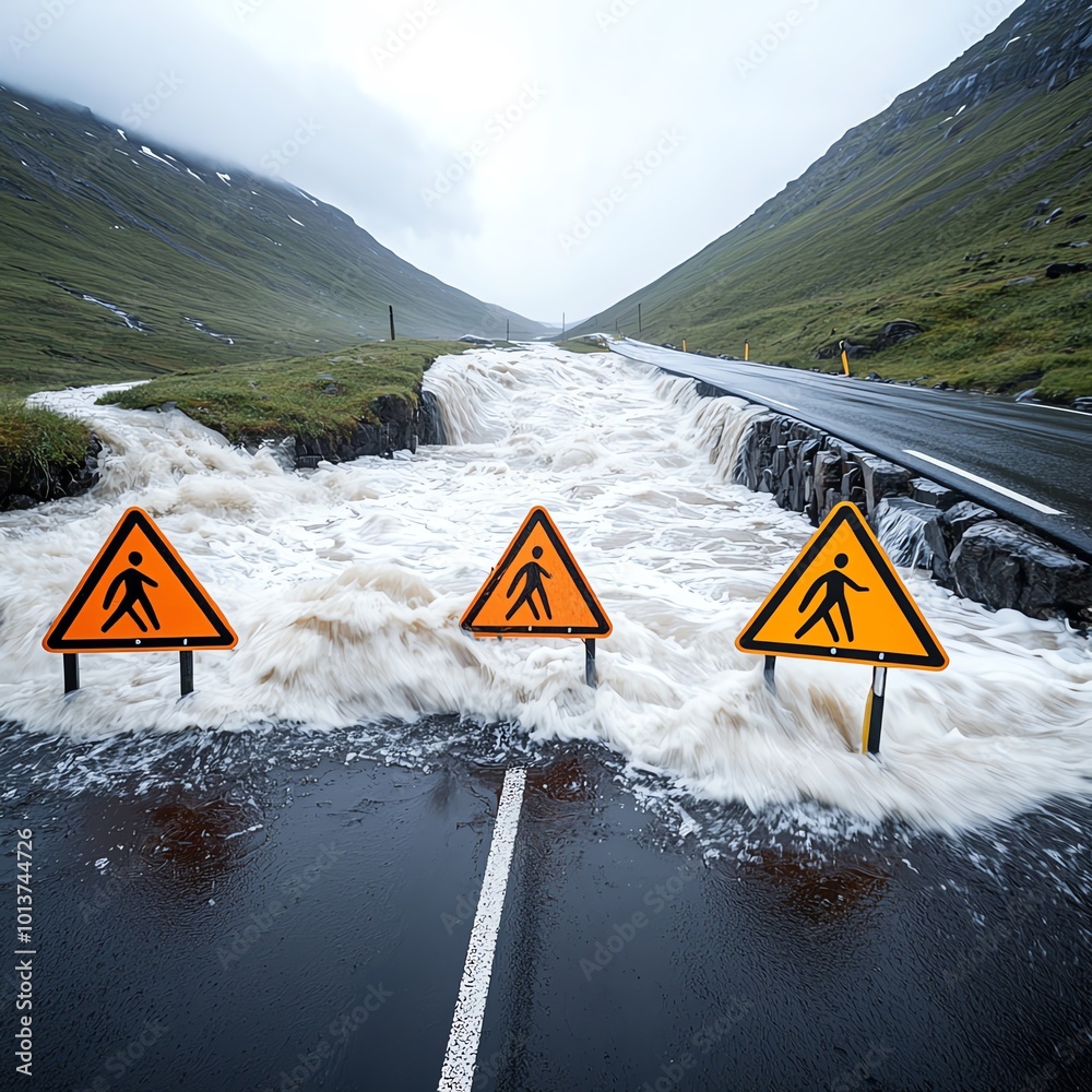 A flooded road with warning signs indicates dangerous conditions ...