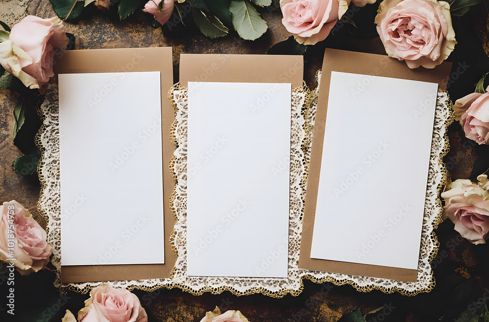 Three pieces of white, open, and closed paper cards with pink roses on ...