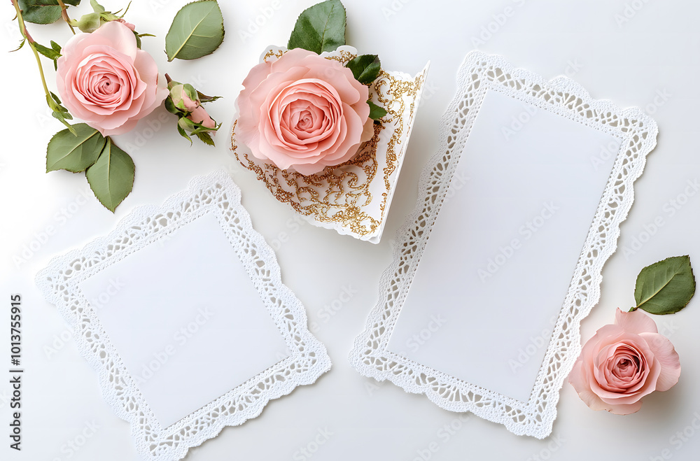 Three pieces of white, open, and closed paper cards with pink roses on ...