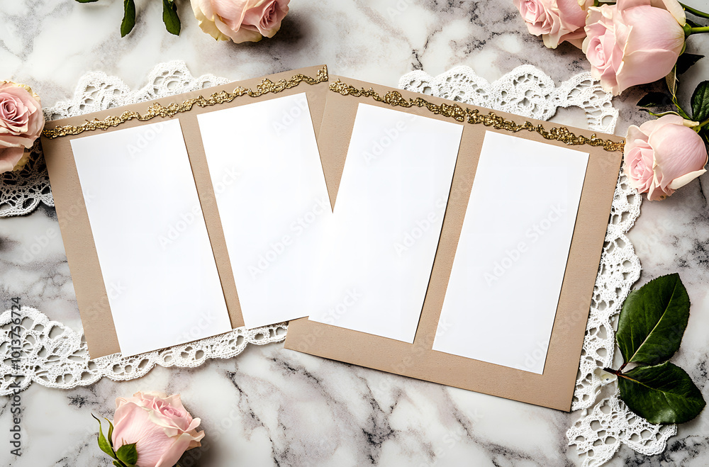 Three pieces of white, open, and closed paper cards with pink roses on ...
