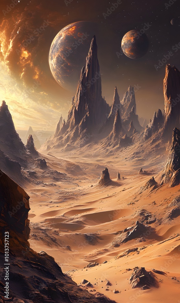 7. A stunning illustration of a barren rocky planet, where a stark desert landscape unfolds with ...