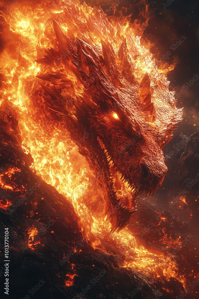fierce red dragon head emerges from fiery depths, its eyes alight with ...
