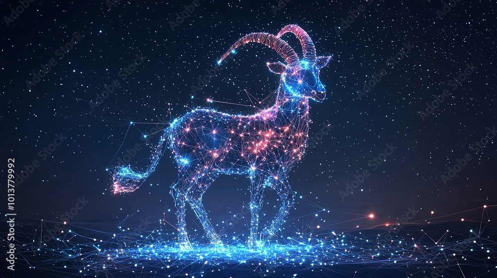 In this artwork, a cosmic goat is depicted using neon colors, blending ...