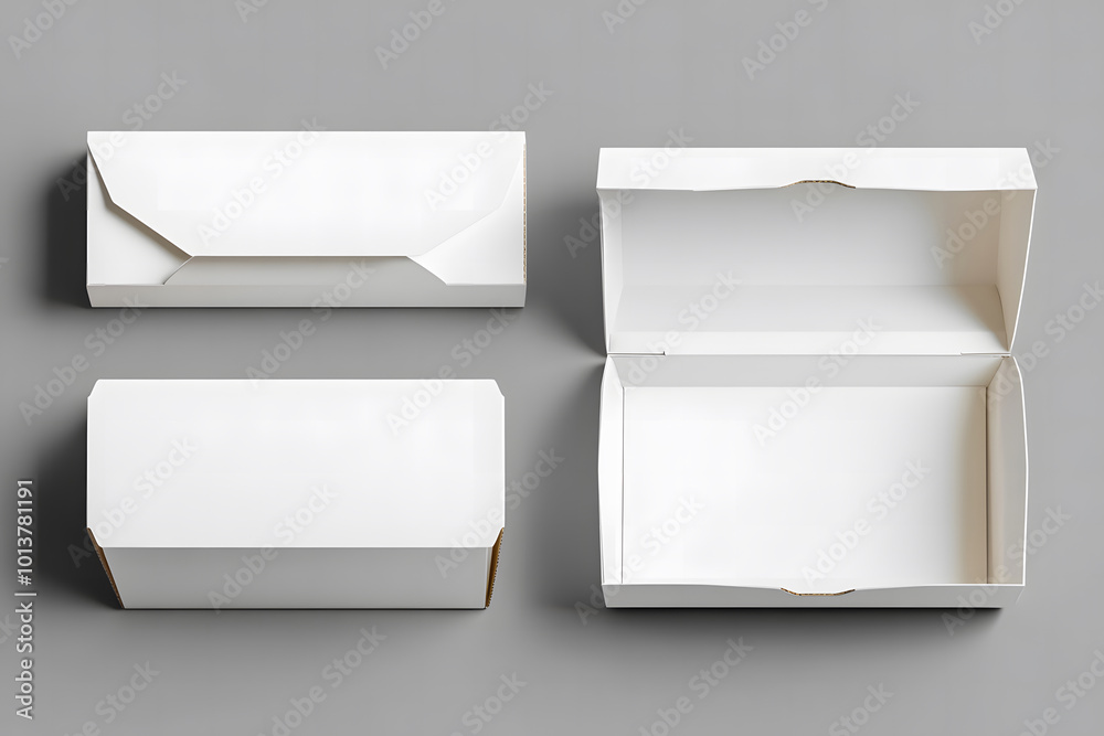 Two white cardboard boxes, one is rectangular and the other has a ...