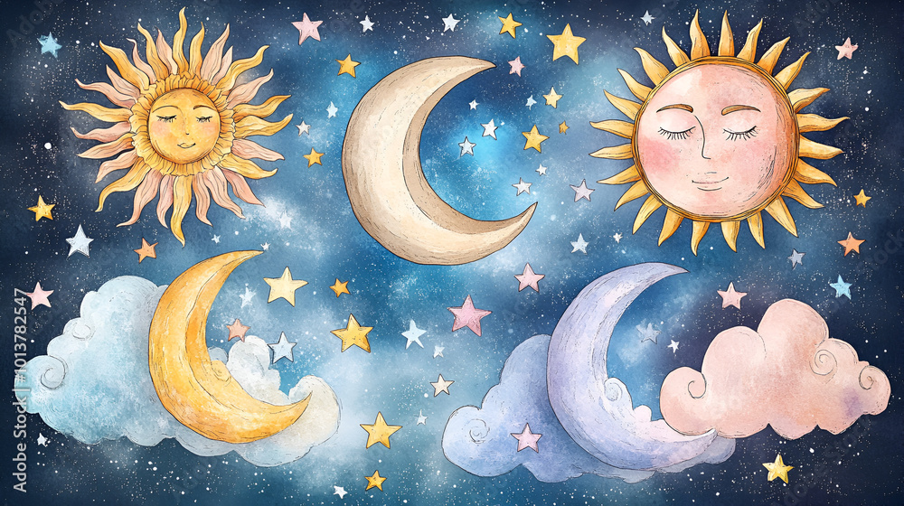 Set of celestial mystic esoteric magic elements sun moon and clouds ...