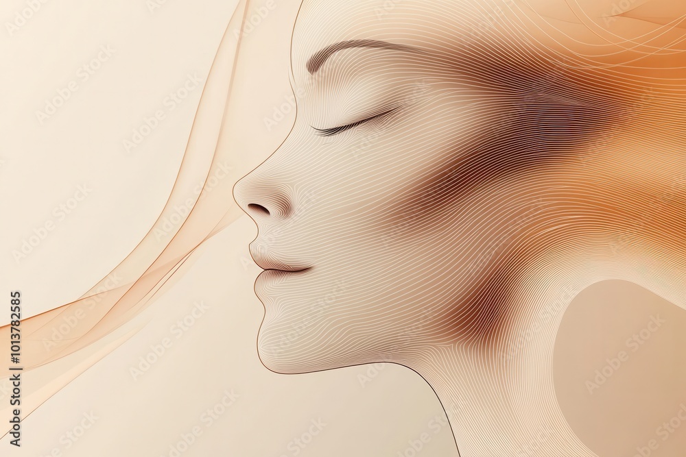 Curved lines elegantly define the outline of a serene female face ...