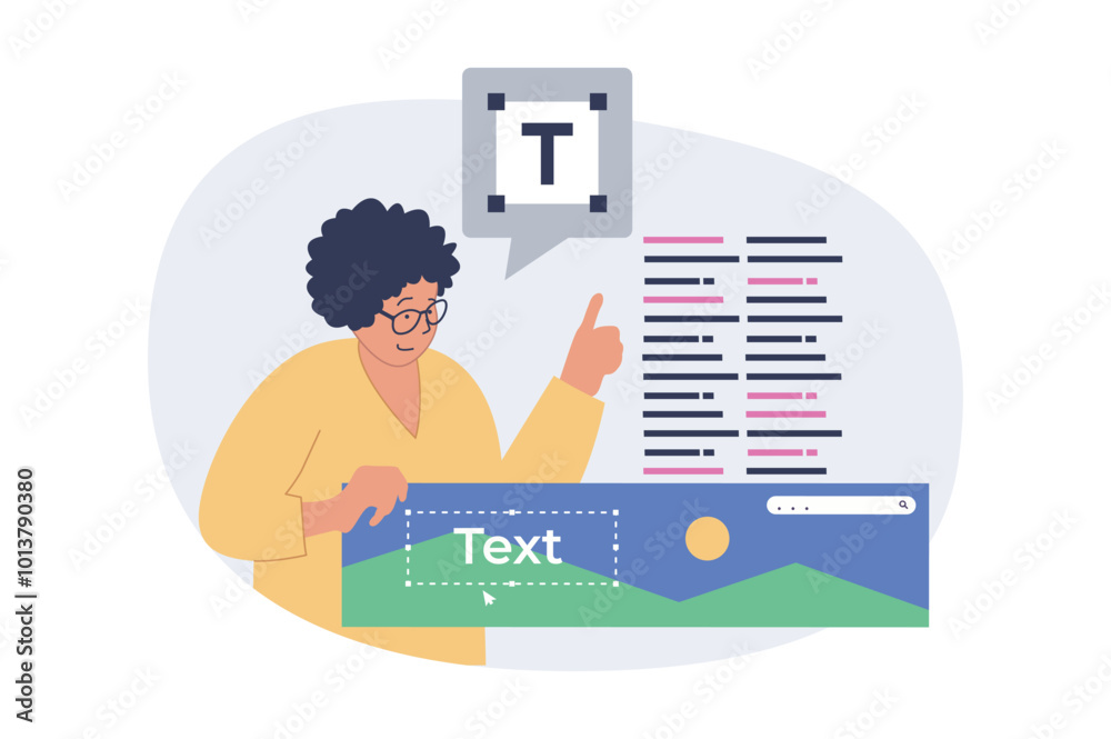Design development concept in modern flat design for web. Woman prototyping wireframe homepage ...