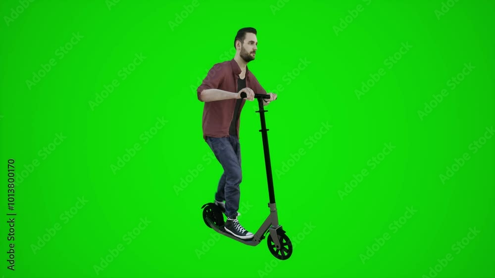 3d green screen an Asian barber riding scooter in the park from three ...