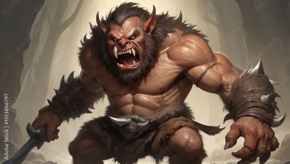 ilustrasi Bugbear barbar yang menggeram sambil memegang kapak Stock ...