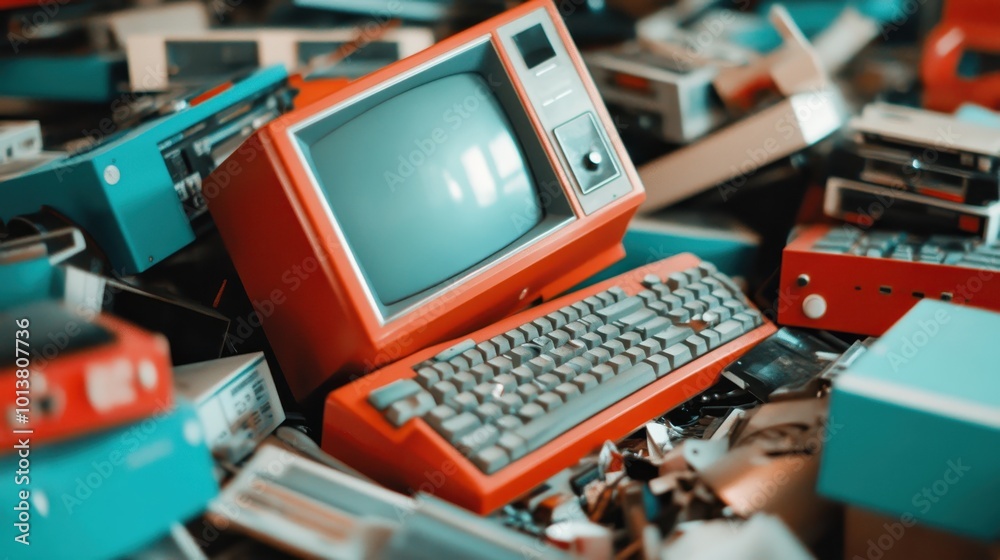 A vintage computer with a CRT monitor and keyboard lies amid a chaotic ...