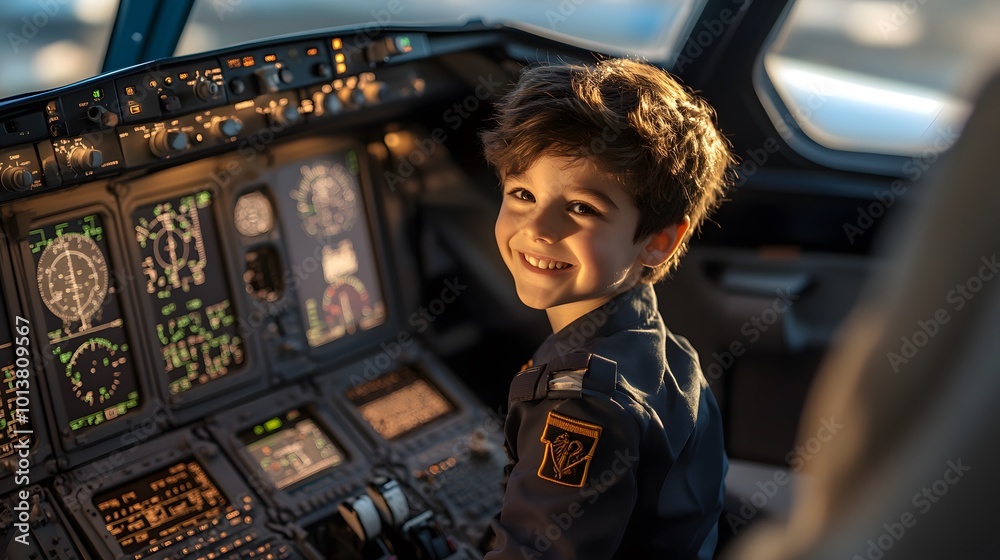 Happy kid in a pilot suit inside an airplane cockpit, representing ...