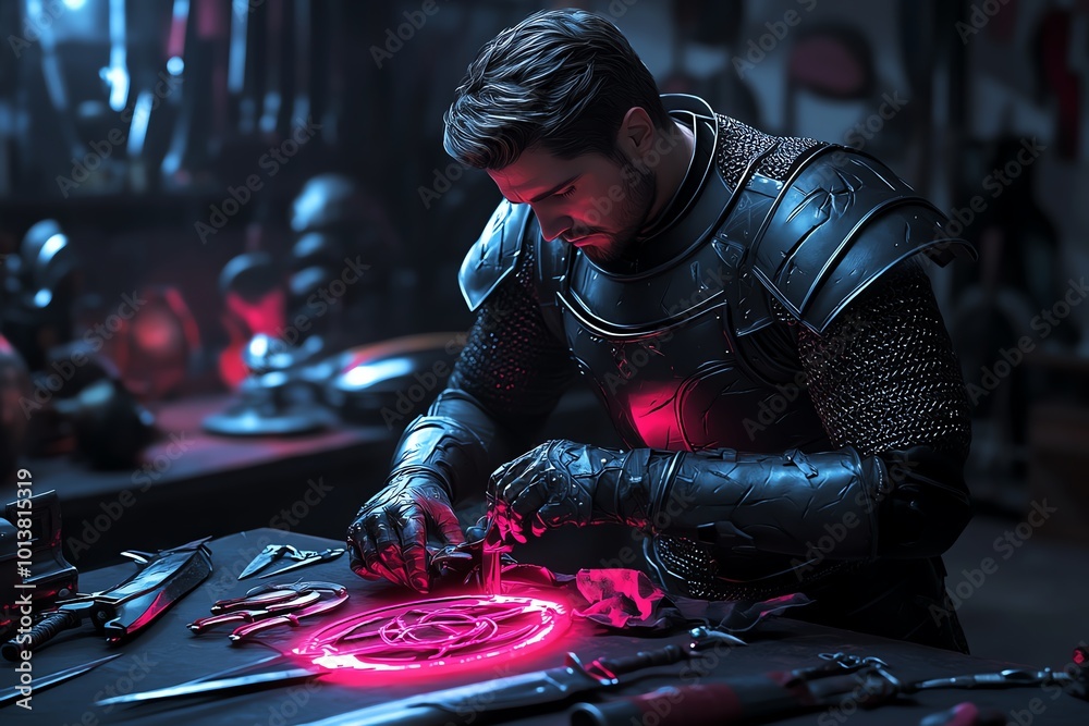 Fantasy hero preparing armor for tomorrowâ€™s battle, surrounded by ...