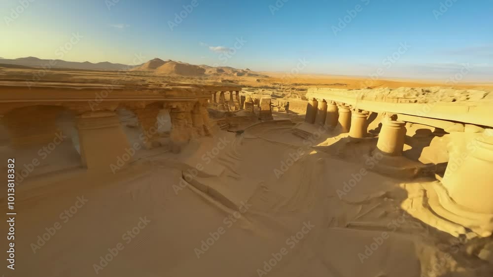 A high-speed fly-through shot over ancient desert ruins, captured in ...