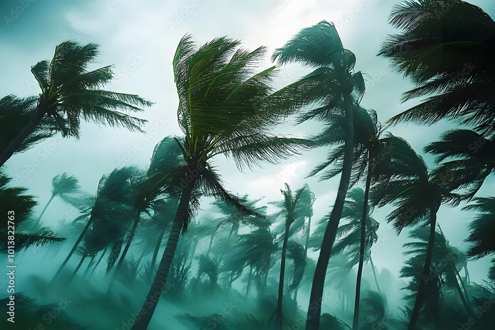 Strong gale causes palm trees to lean, tropical cyclone, and typhoon in ...
