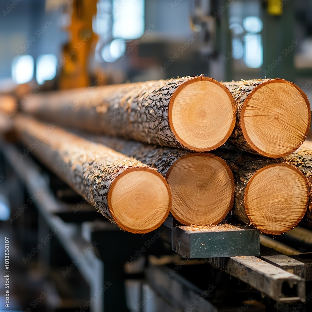 Freshly cut logs stacked in a lumber mill, showcasing the rich texture ...