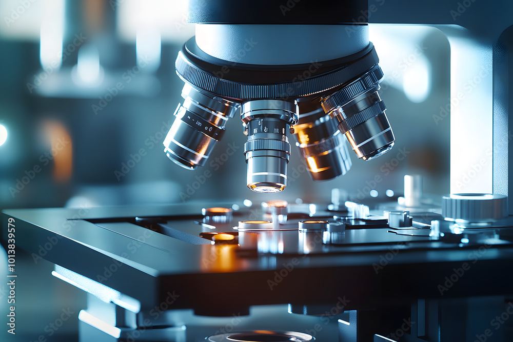 Scientific optical microscope with metal lens at laboratory. Laboratory ...