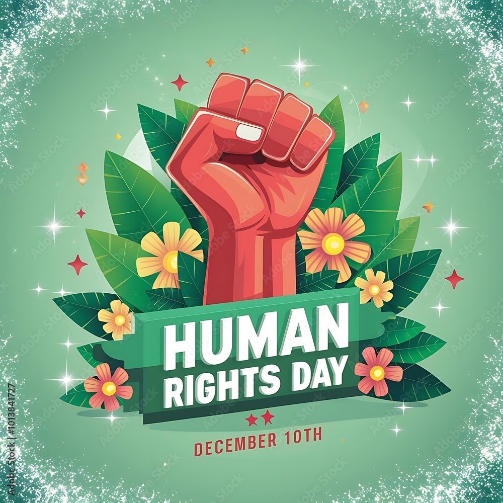 Create a Human Rights Day banner in a flat 2D style, featuring a ...