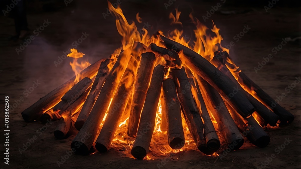 A bonfire lit for the Holika Dahan ritual, with flames glowing against ...