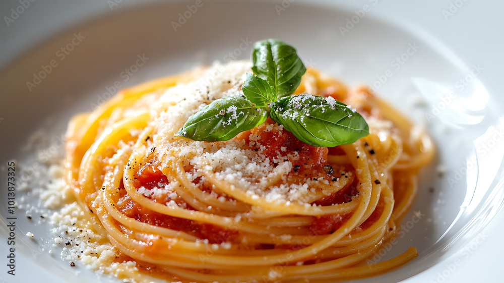 An Italian pasta dish featuring spaghetti with tomato sauce, basil ...