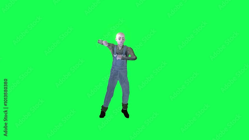 Bald skinny addict man dancing gangnam style front angle green screen ...