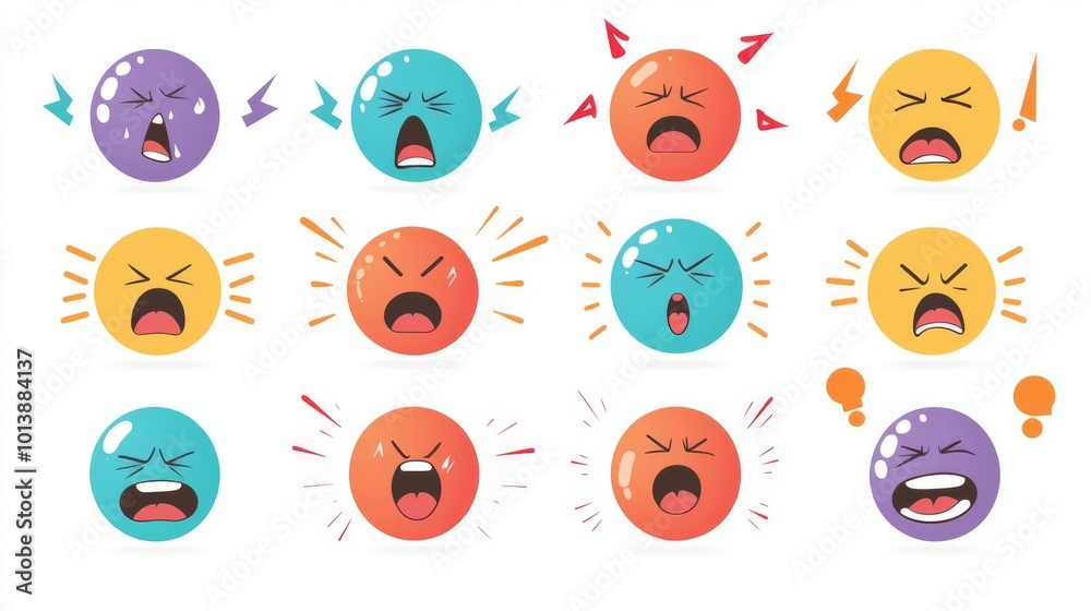 Colorful cartoon faces expressing a range of emotions from happy to ...