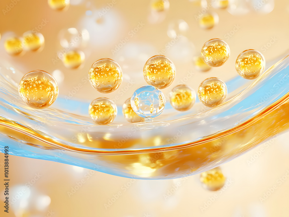 3d skin cell structure with water molecule and gold oil drops render ...