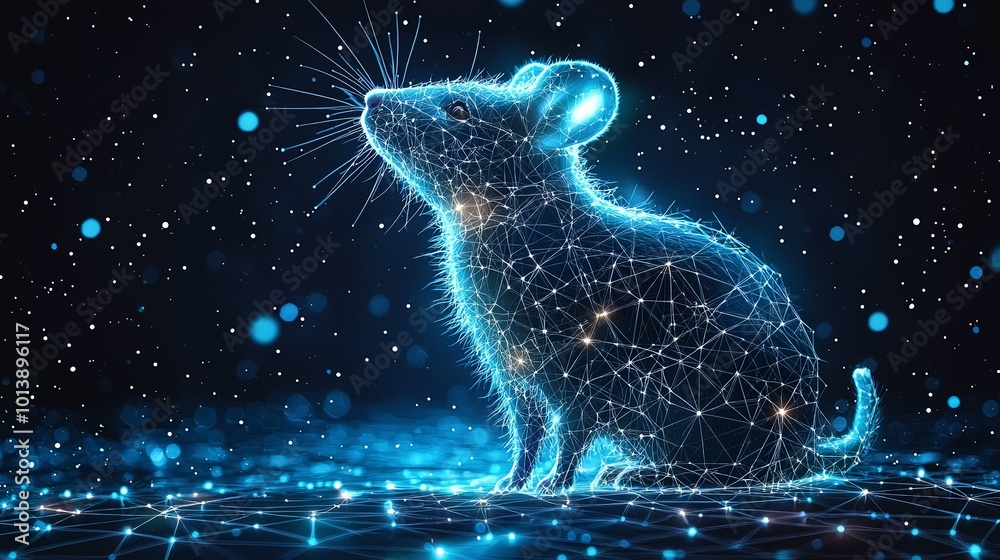 A cosmic-inspired digital mouse crafted in a striking neon blue style ...