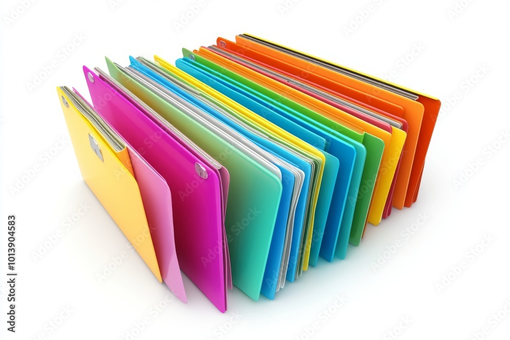 a bright and airy image of a set of colorful, new, and unopened folders ...