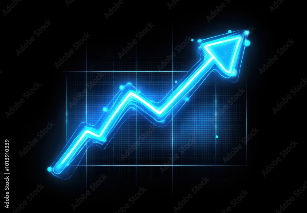 Bright blue glowing graph icon with an arrow indicating growth. This ...