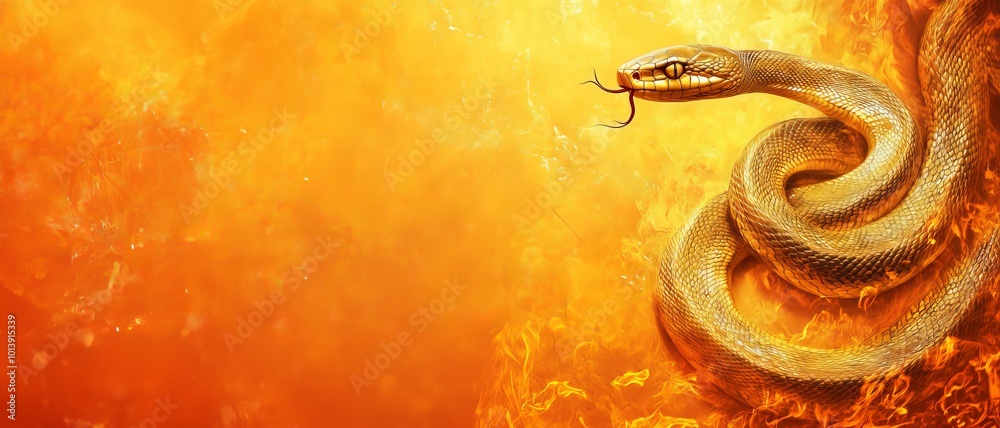Fiery Serpent: A majestic snake coiled amidst fiery flames, a dramatic and symbolic image ...