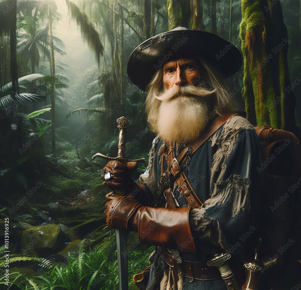 Spanish conquistador in the jungle, in the rainforest of South America ...