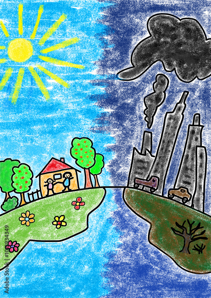 Naive illustration, children drawing, juxtaposition of intact earth to ...
