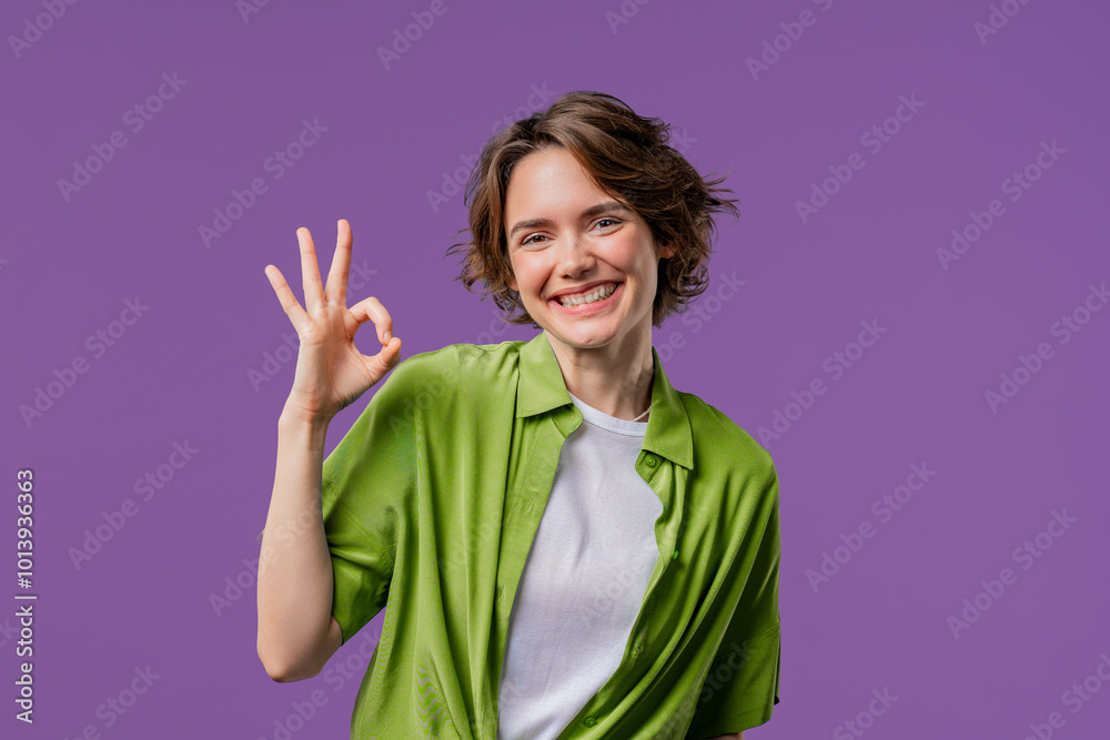 Pretty woman makes hand sign okay, ok gesture. Happy girl, correct ...