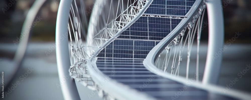 A close-up of an innovative pedestrian bridge designed with a double ...