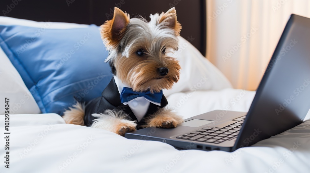 An adorable dog in a tuxedo sits on a bed, attentively gazing at a ...